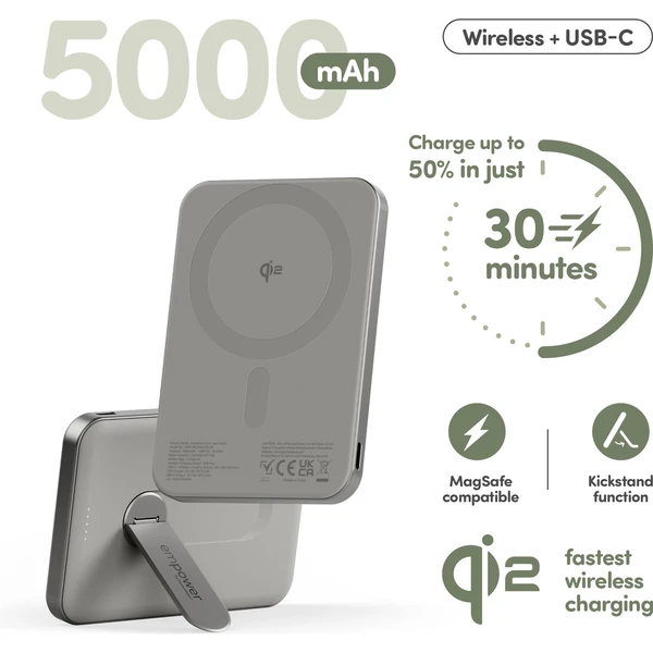 PanzerGlass® empower bezdrátová Qi2 powerbanka 5000 mAh, MagSafe, otočný stojánek, šedá - Smarty.cz