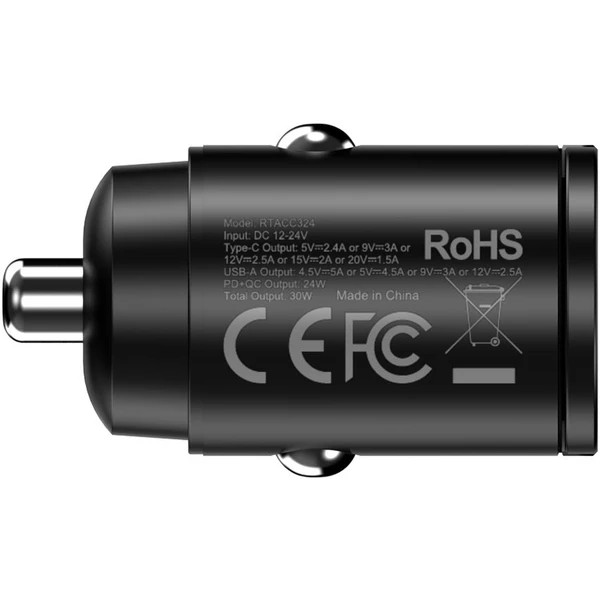 RhinoTech Mini nabíječka do auta USB-C + USB-A, 30W černá - Smarty.cz